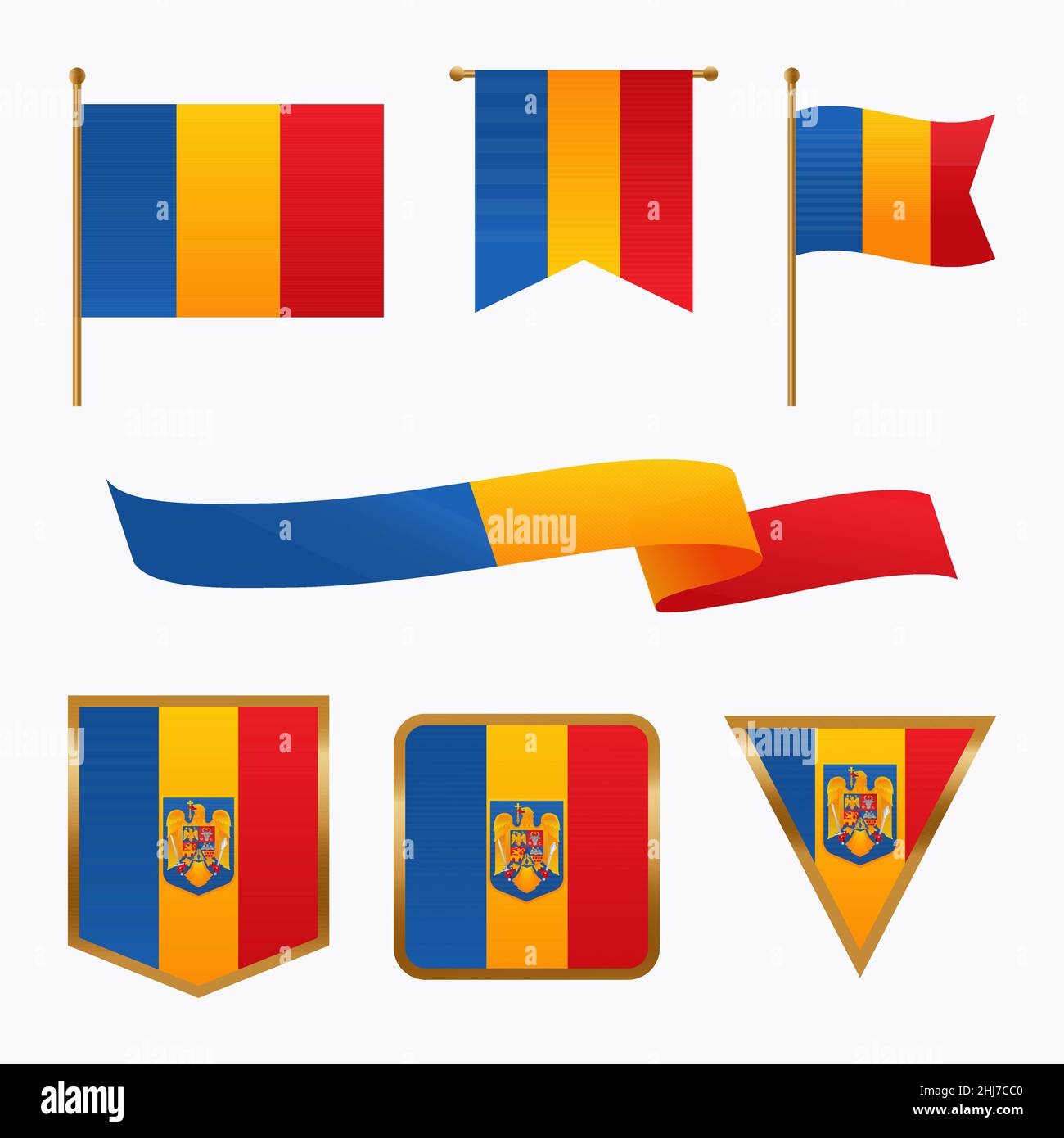 Gradient romanian flags and national emblems set Vector illustration ...