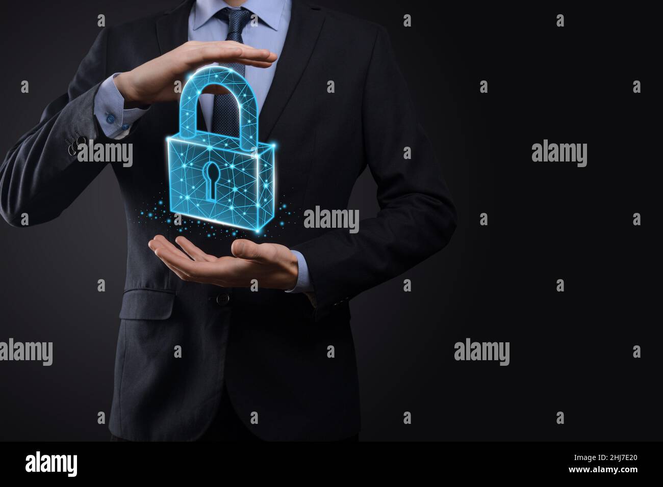 Cyber security network. Padlock icon and internet technology networking. Businessman protecting ...