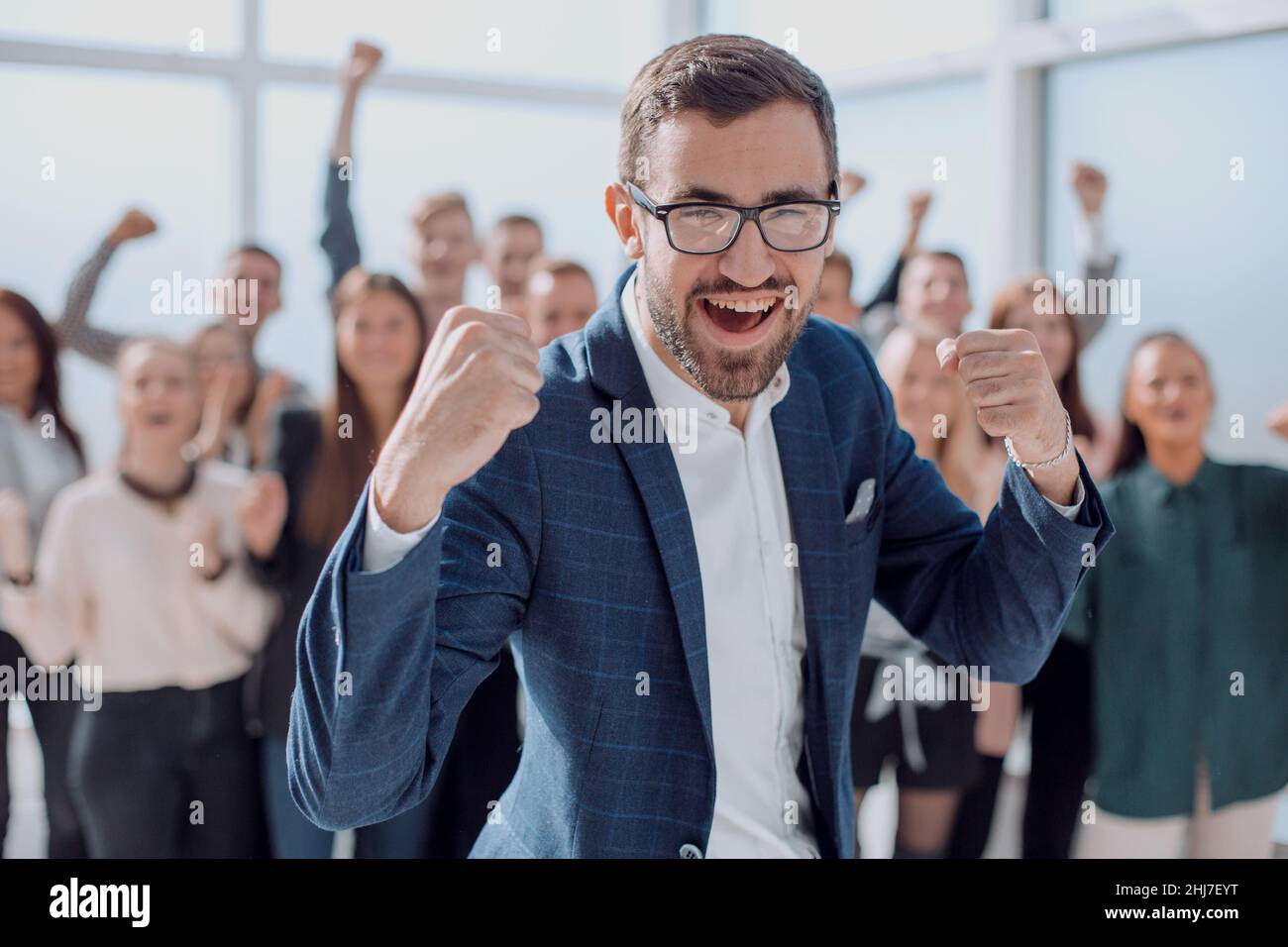 happy boss gesture showing his success. photo with copy space Stock ...
