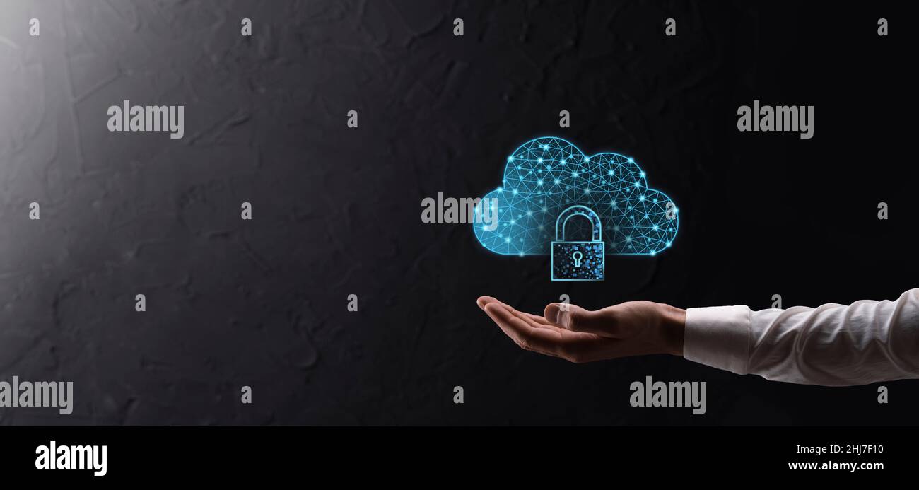 Cloud technology. Polygonal wireframe cloud storage sign with padlock ...