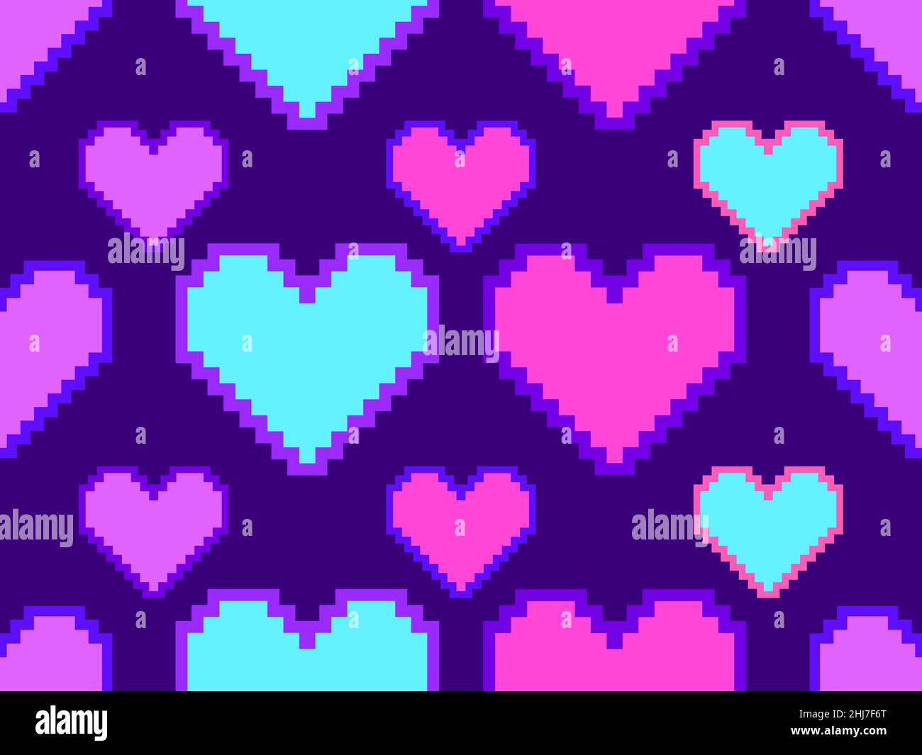 Pixel art hearts seamless pattern. 8-bit hearts with stroke. Retro 8 ...