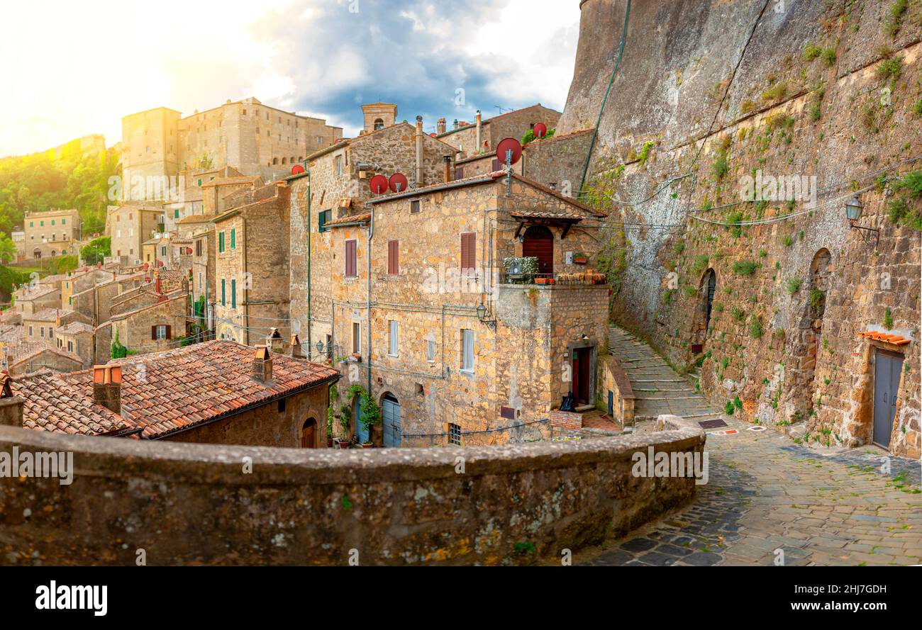 Panorama of the old medieval city in Italy at sunset. Tuff cities ...