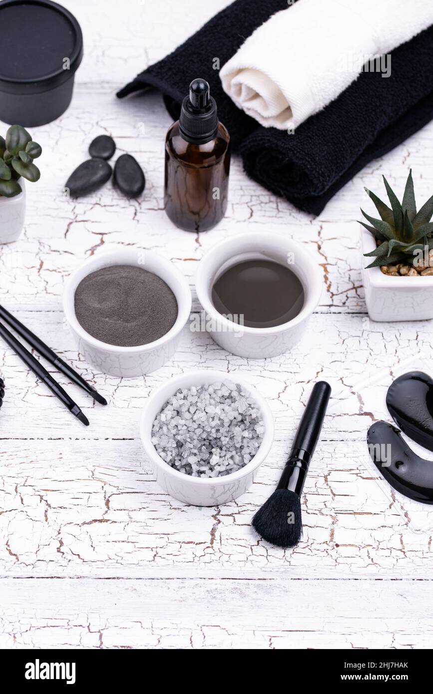 Set of black charcoal detox cosmetics Stock Photo - Alamy