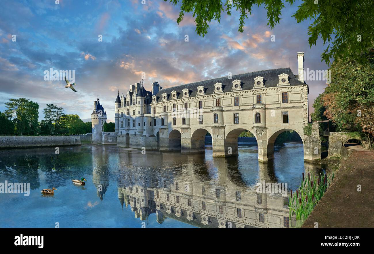 The Renaissance Chateau de Chenonceau spanning the river Cher, Indre-et ...