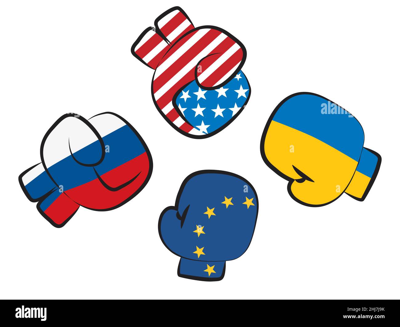 Ukraine, Russia, USA and EU flags on boxing gloves fighting each other ...