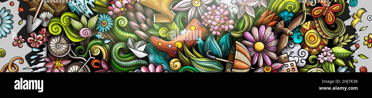 Spring hand drawn doodle banner. Cartoon detailed flyer Stock Vector ...