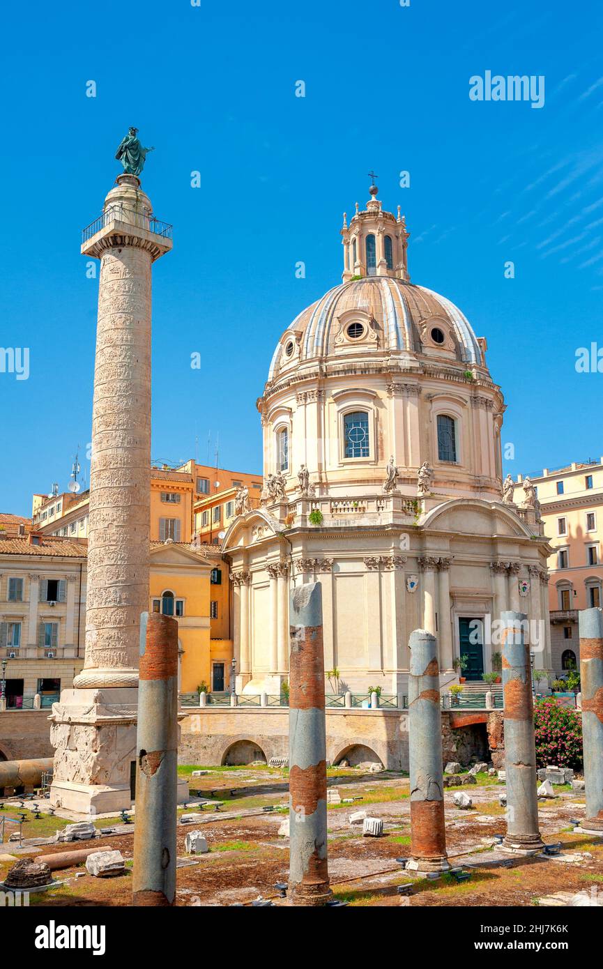 Antique architecture of Rome. Panorama of Ancient Roman Trajan's Column ...