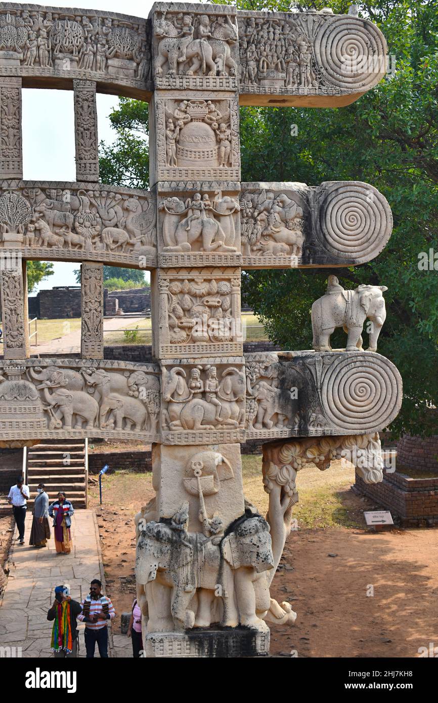 Stupa No 1, East Gateway. Rear view closeup of right side. Square ...