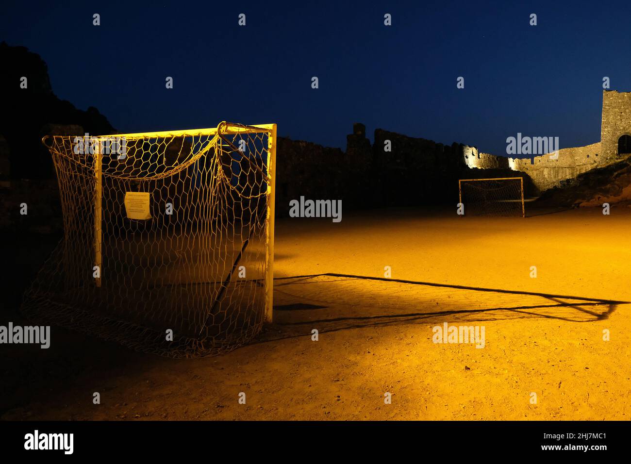 Small football goal with shade in Porto Venere Stock Photo - Alamy