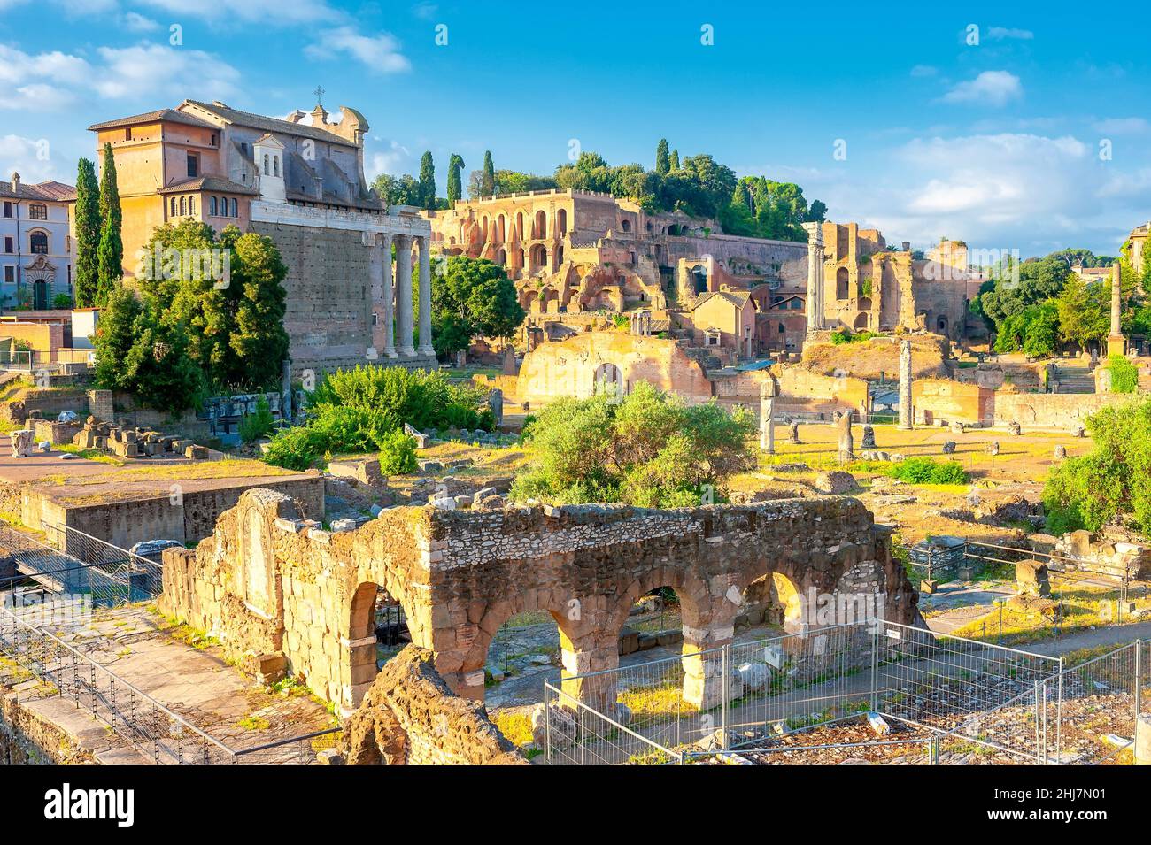 Panorama of the ruins of an ancient Roman forum. Antique architecture ...