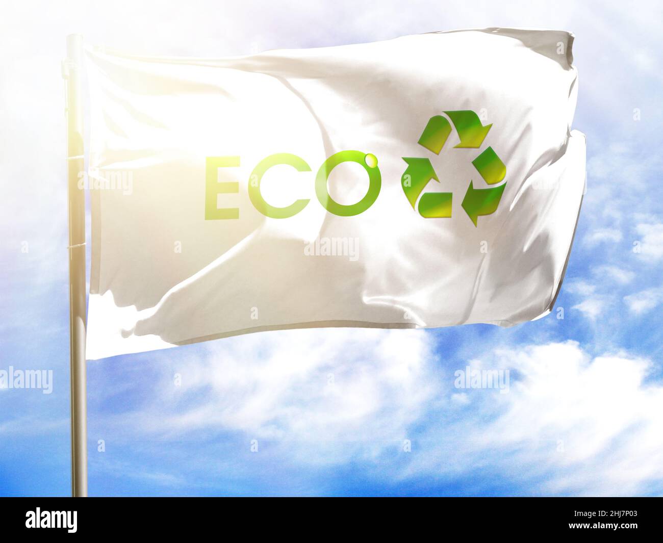Flagpole with flag of Green eco recycling logo Stock Photo - Alamy
