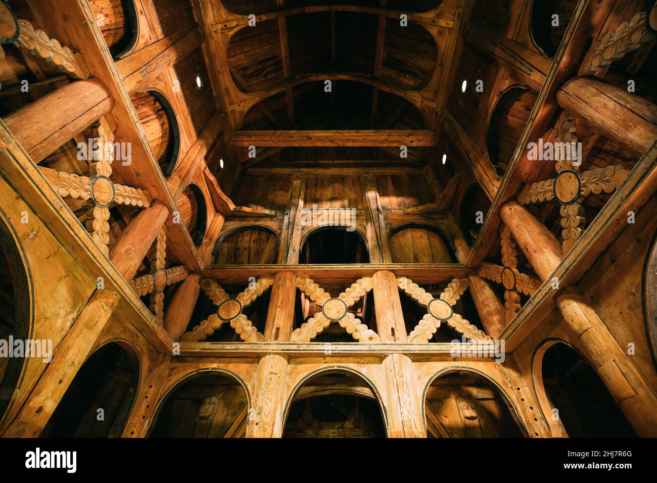 Borgund, Norway. Interior Of Famous Wooden Norwegian Landmark Stavkirke ...