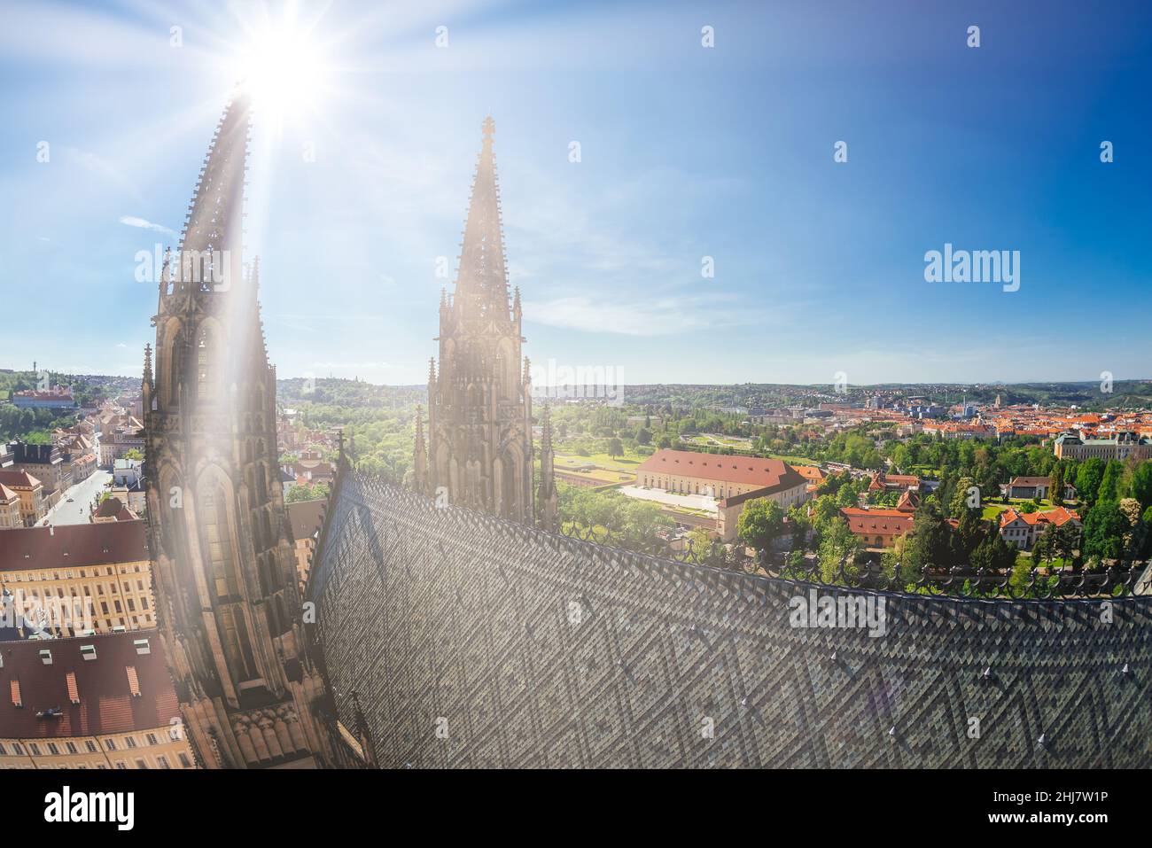 The spires of the ornate towers of medieval Cathedral of St. Vitus ...