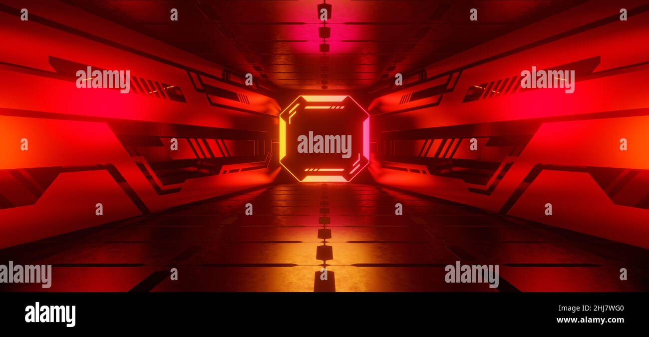 Futuristic dark red technology room with light and reflection ...