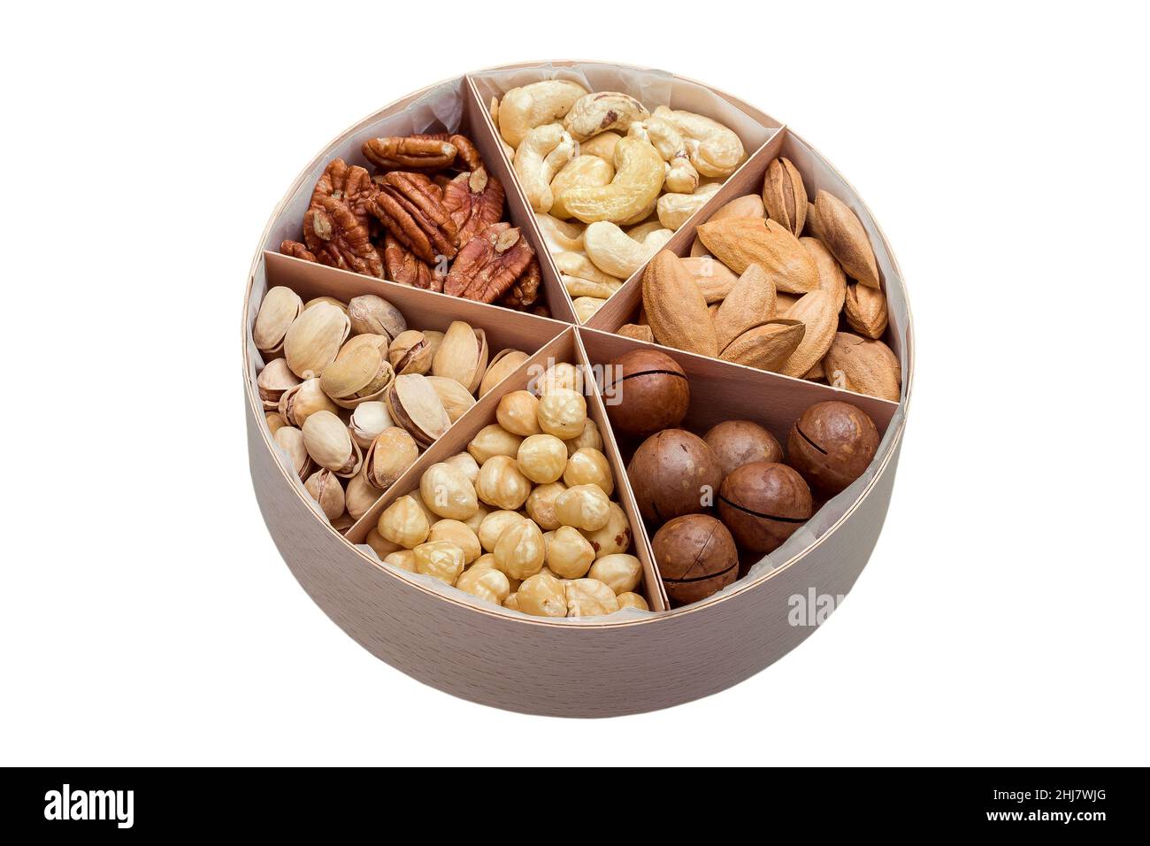 wooden round gift dish with triangular cells and mix of different types ...