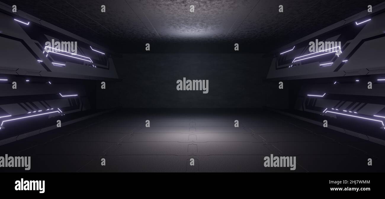 Underground metallic basement with low key blue lighting industrial ...