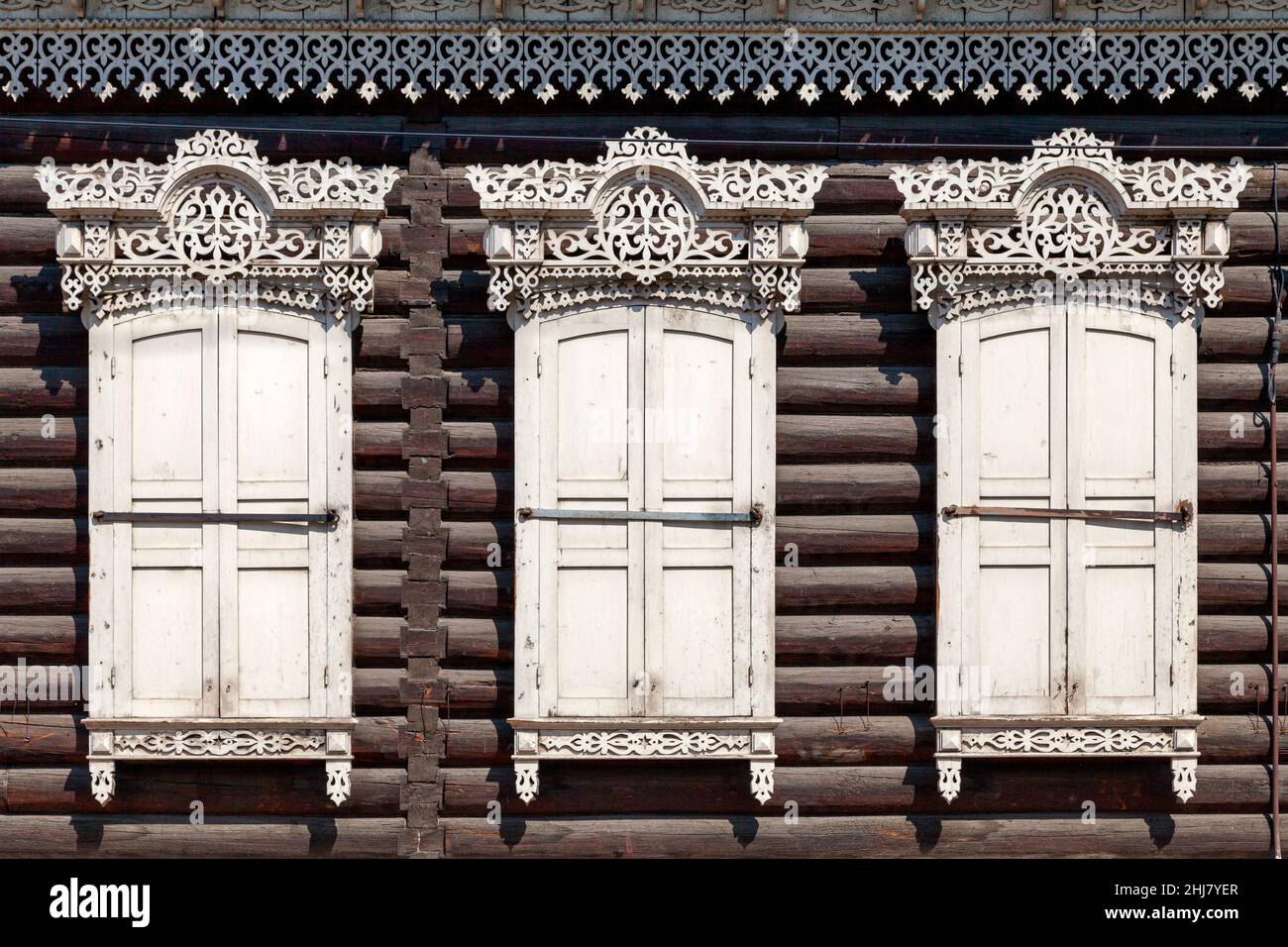 Details of the window-frames and shutters of a traditional Siberian ...