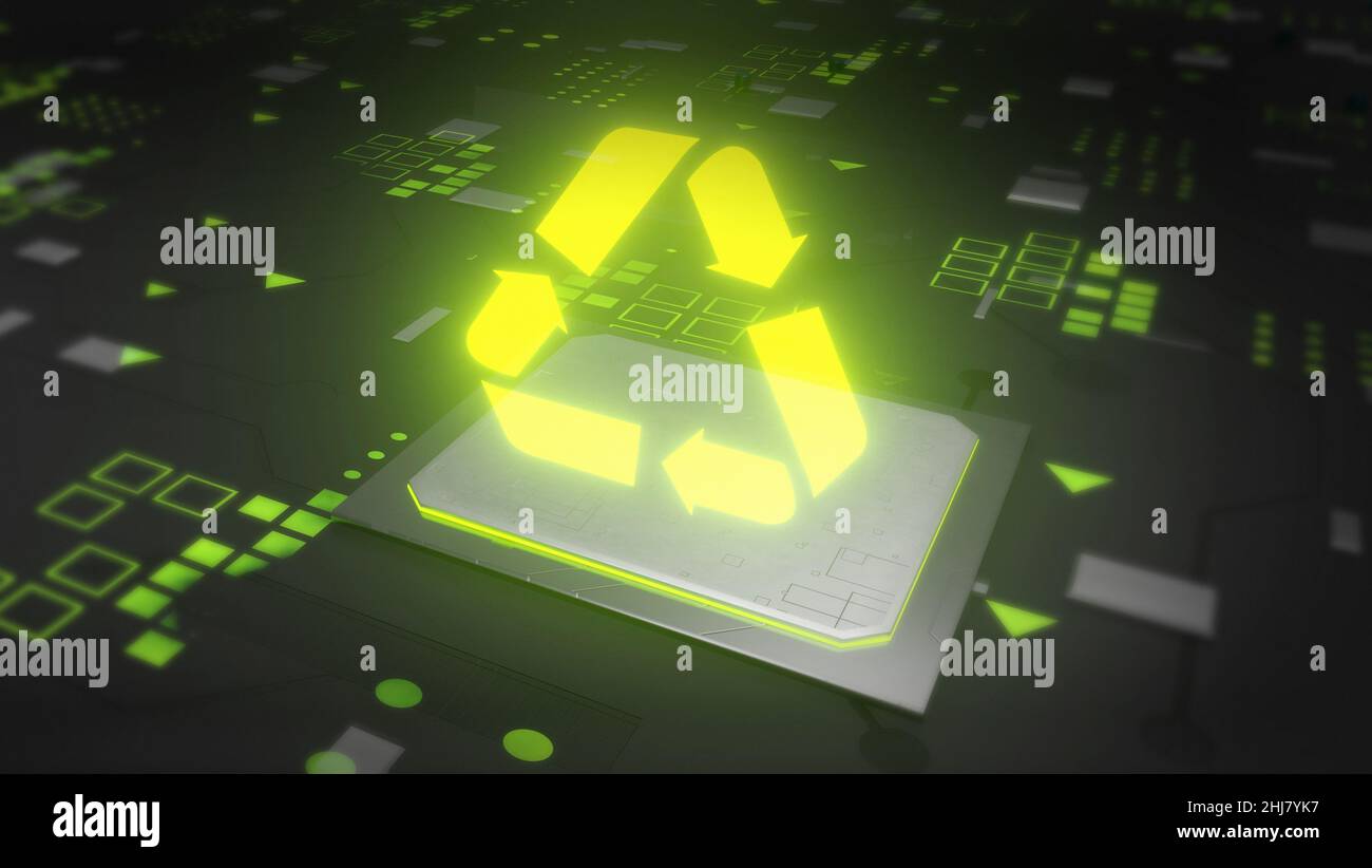 Eco Technology Concept with recycle symbol on a Microchip. White Neon ...