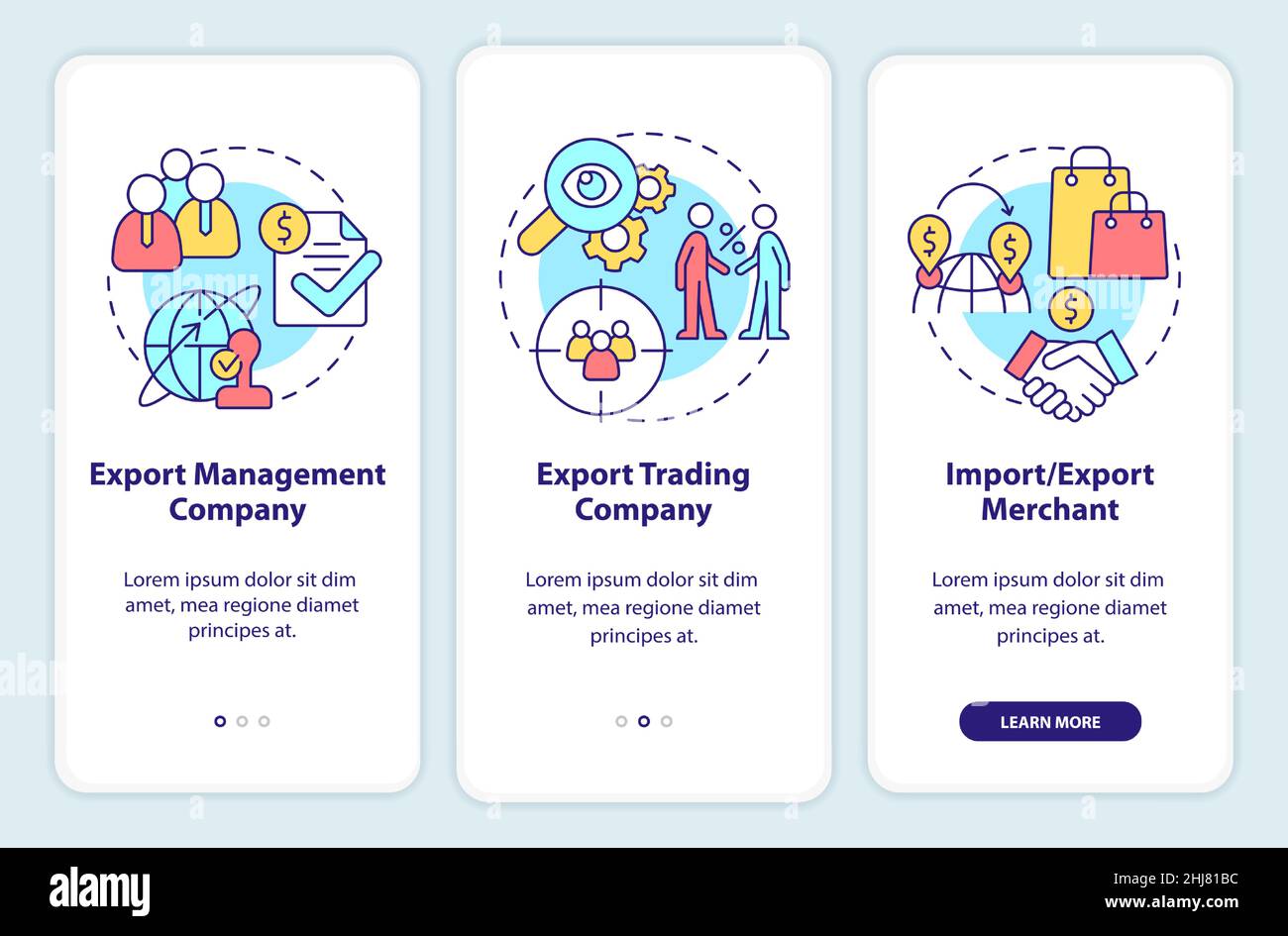 Types of import and export business onboarding mobile app screen Stock ...