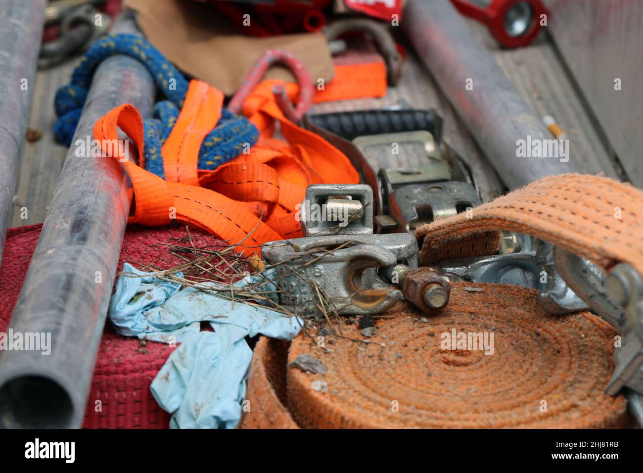 A pile of different metal tools, pipes and other pieces used in ...