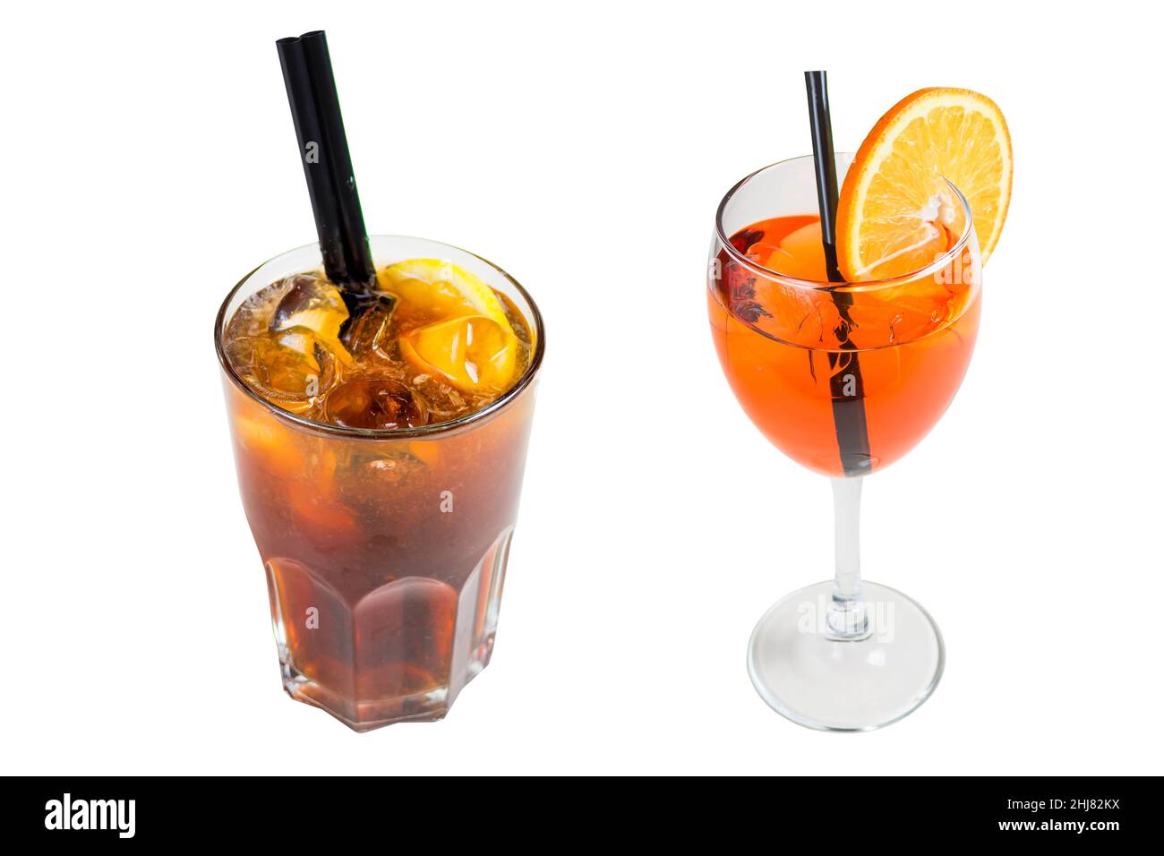 Two drinks, dark cocktail with ice in a glass and orange in a glass ...