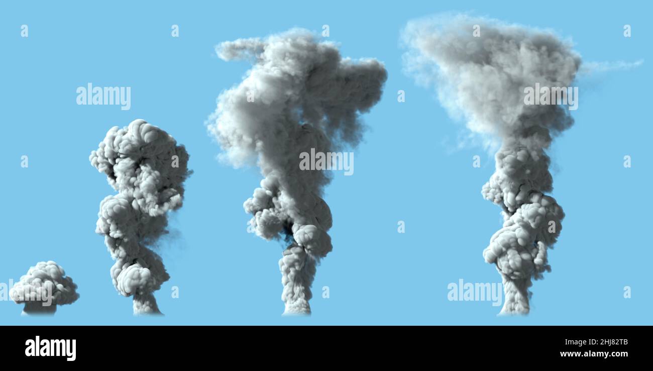 4 different renders of heavy bright smoke column as from volcano or ...
