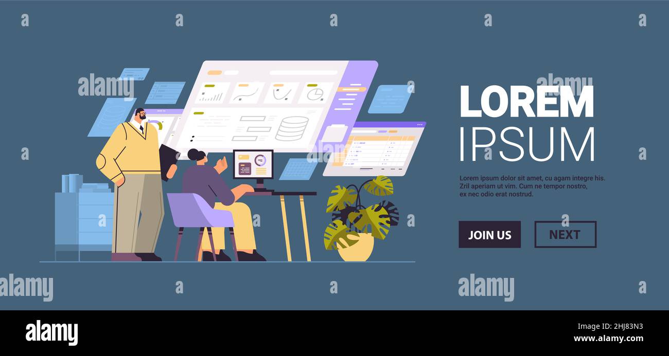 businesspeople couple analyzing financial data on virtual charts and ...