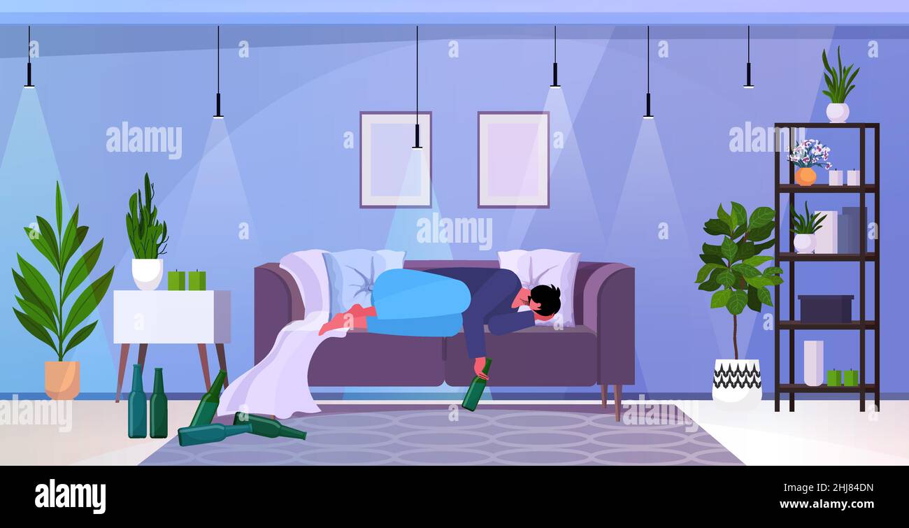 sad man drinker with bottles sleeping in bed alcoholic drinking alone ...