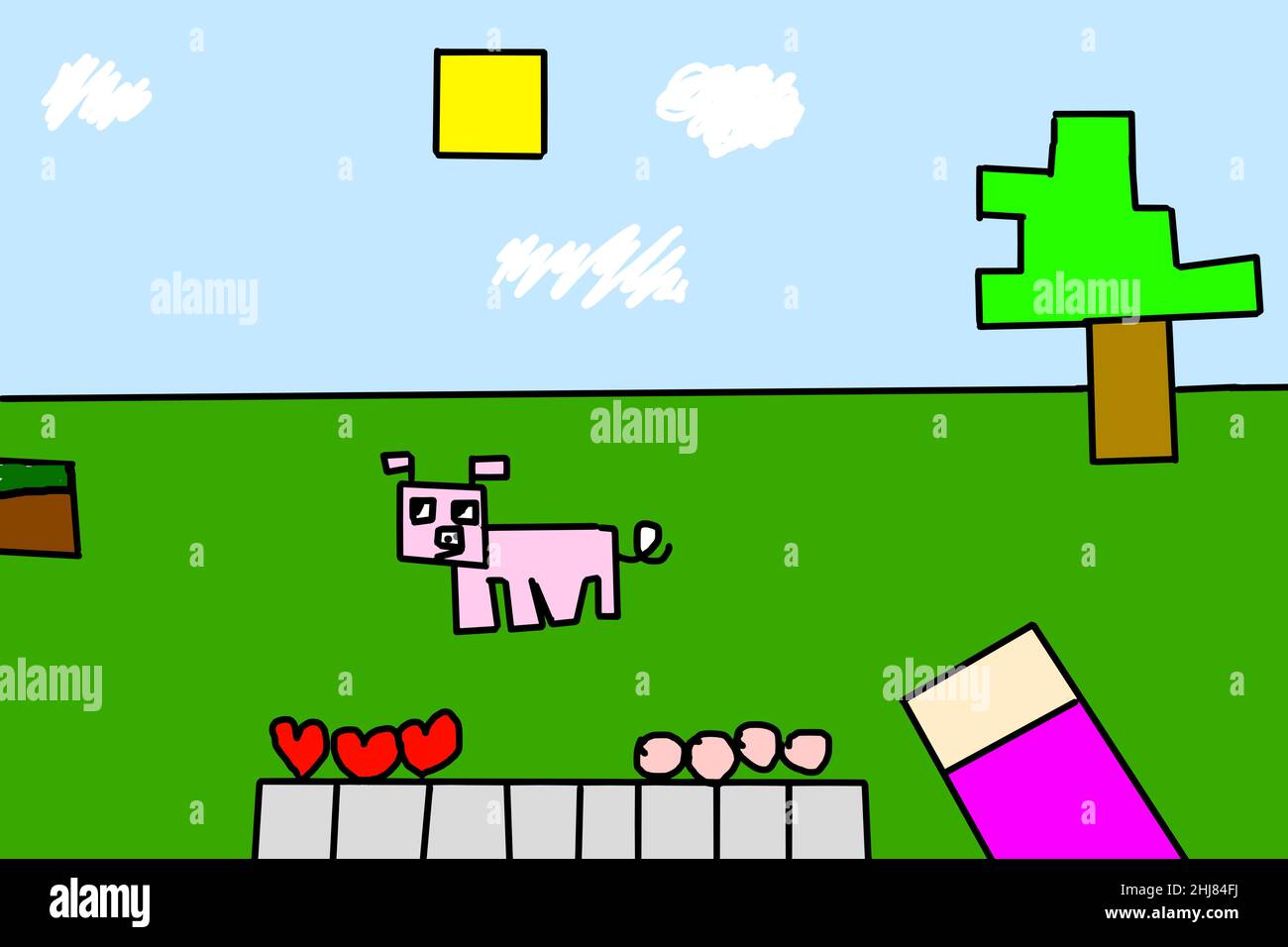 Lawn with square animals. Children's drawing Stock Photo - Alamy