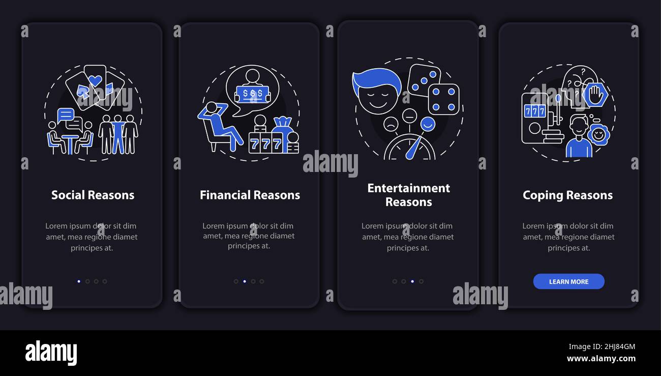 Reasons to gamble night mode onboarding mobile app screen Stock Vector ...