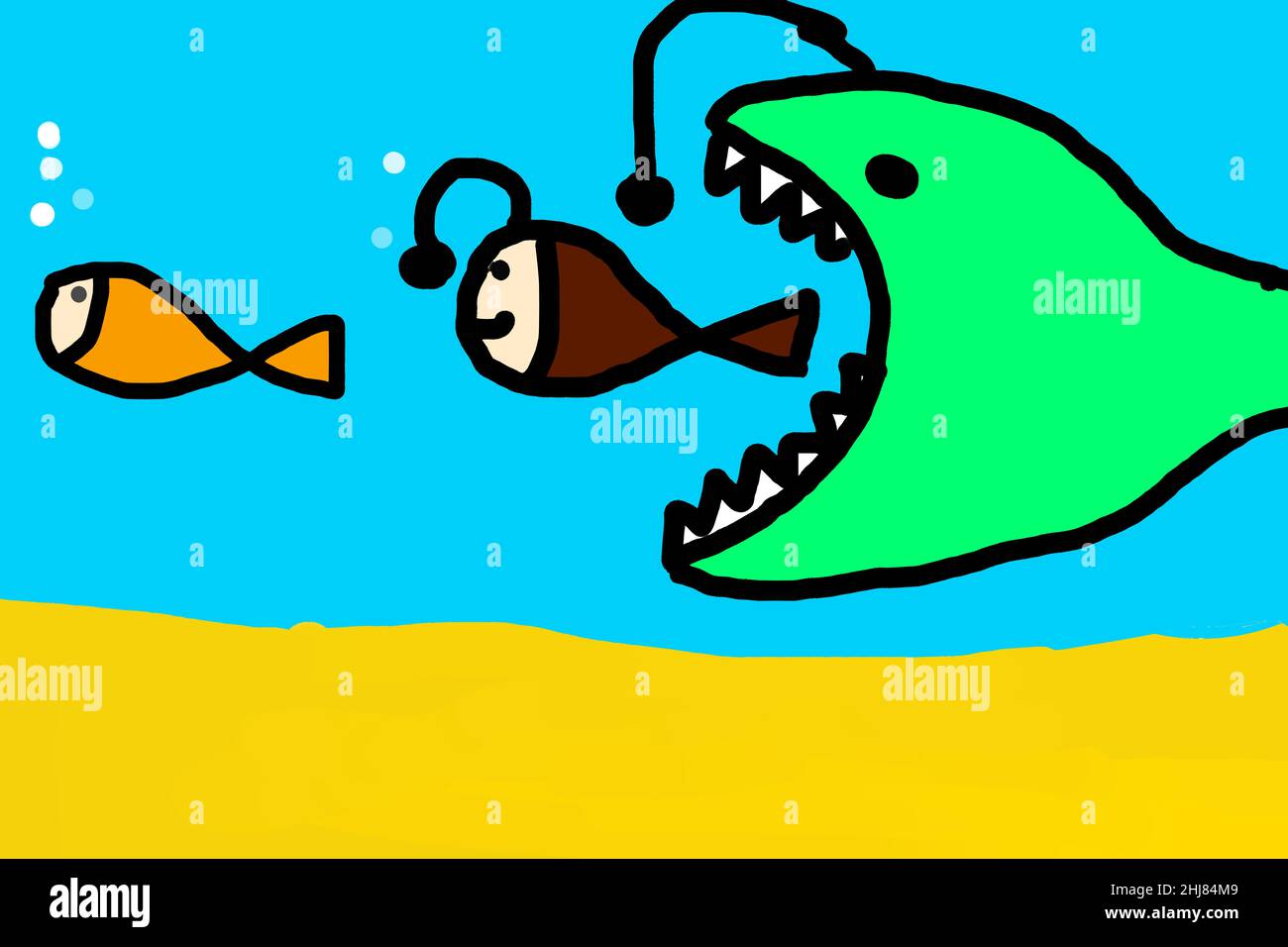 Predatory fish hunting in the sea. Children's drawing Stock Photo - Alamy