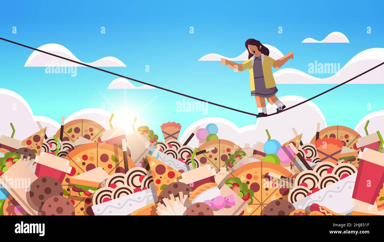 schoolgirl balancing on rope above junk food assortment of fast food ...