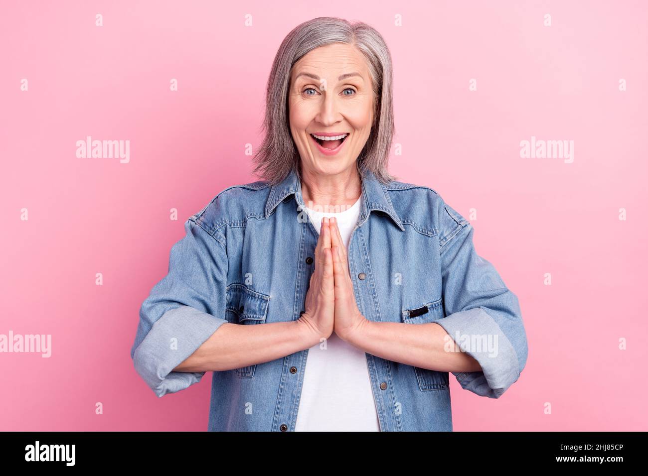Photo of sweet impressed age woman dressed jeans outfit smiling arms ...