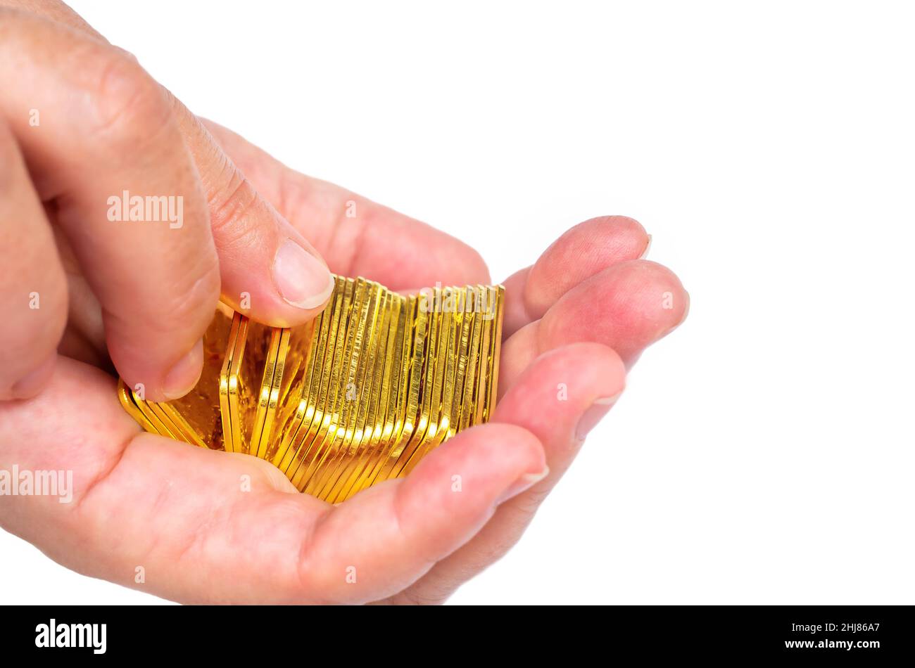 Woman counting stack of gold bars isolated on white background Stock ...