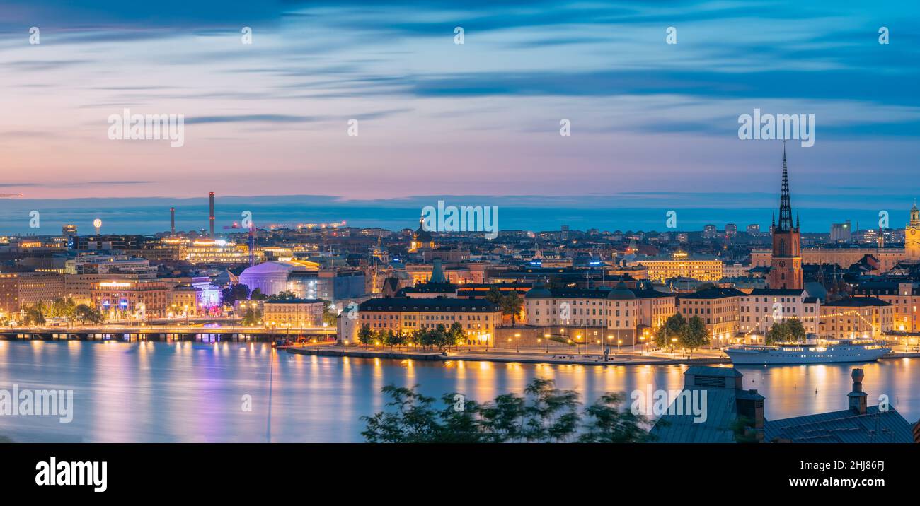 Stockholm, Sweden. Night Skyline With Famous Landmarks. Panorama ...
