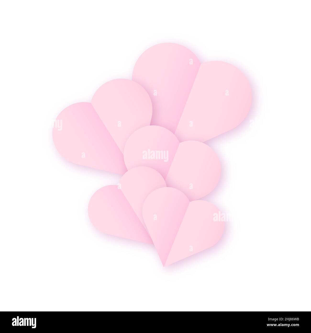 Pink heart icons are collected as balloons on a white isolated ...