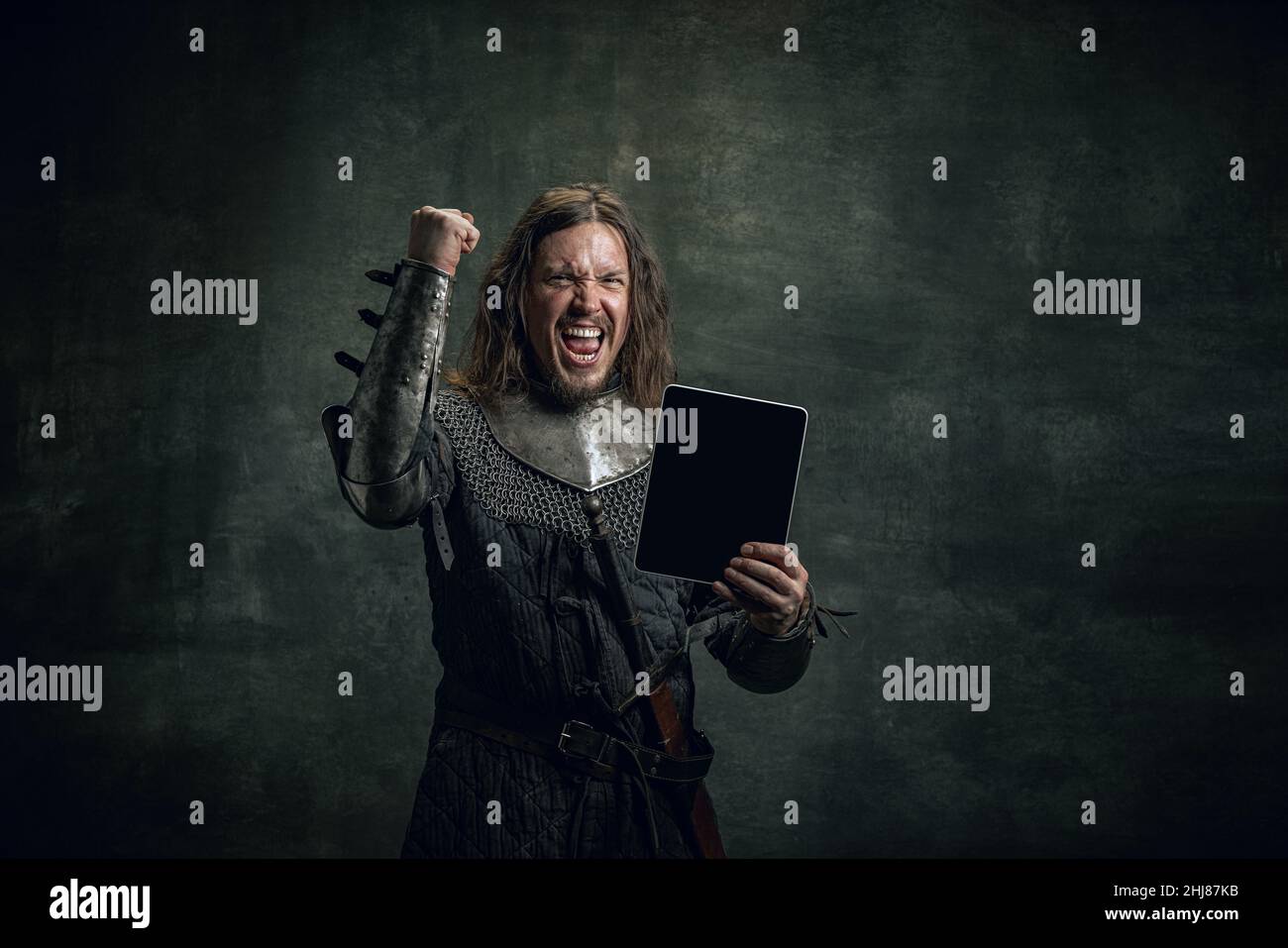 Vintage style portrait of brutal smiling man, medieval warrior or ...