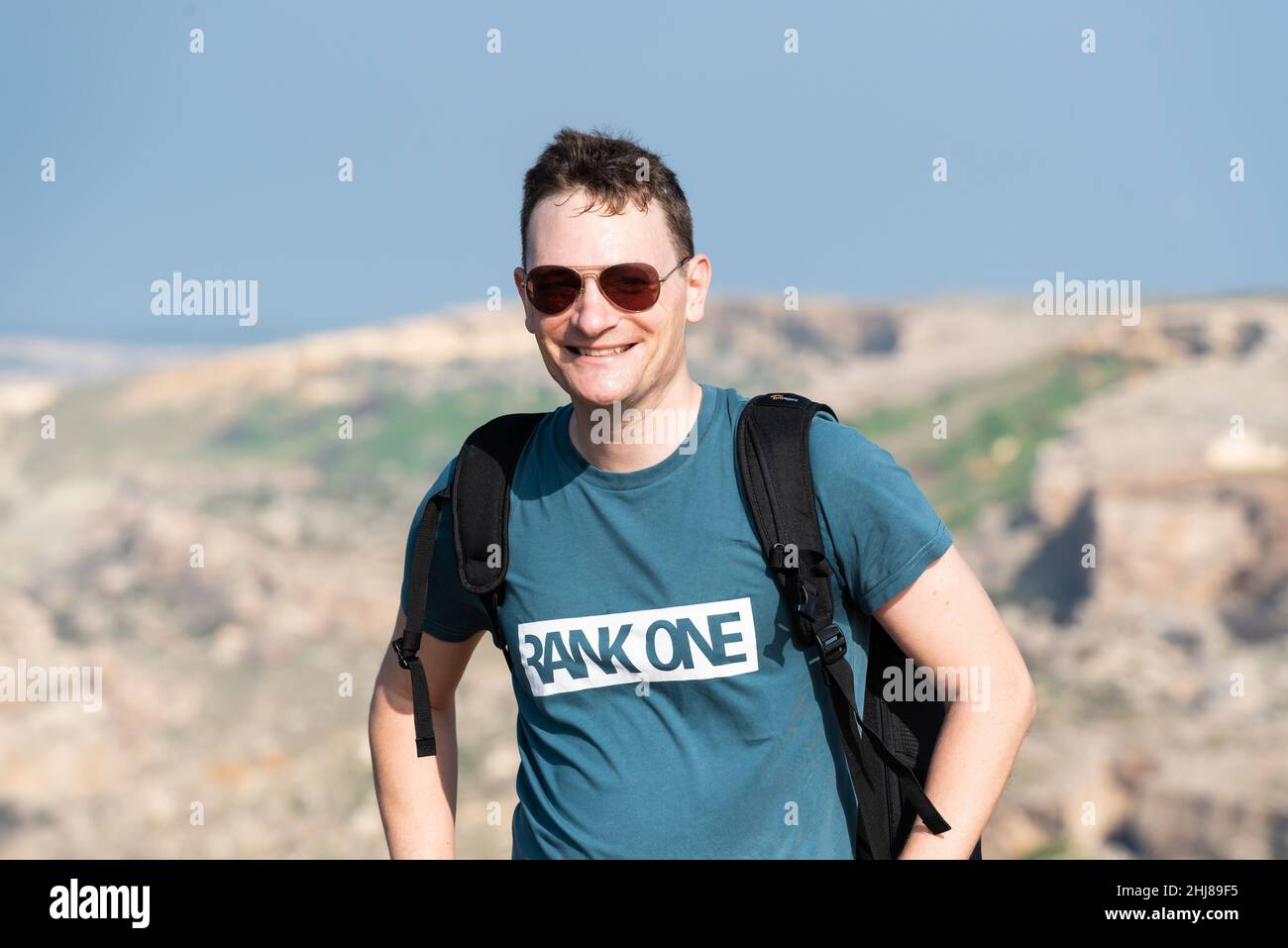 Manikata, Malta , 01 04 2022: Portrait of a 42 year old hiking tourist ...