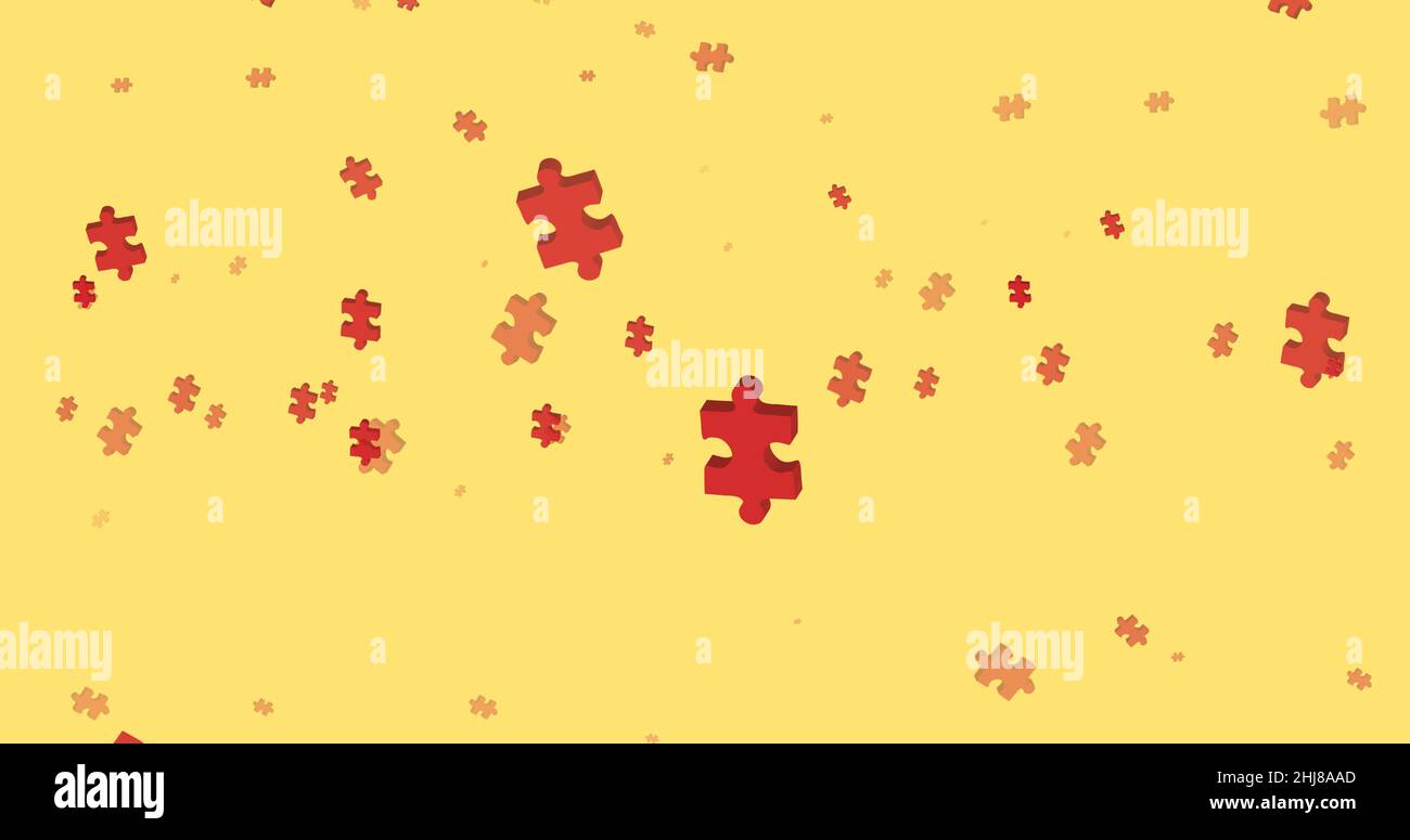 Illustration of red jigsaw pieces in mid-air over yellow background ...