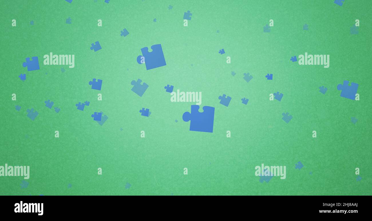 Illustration of blue jigsaw pieces in mid-air over green background ...