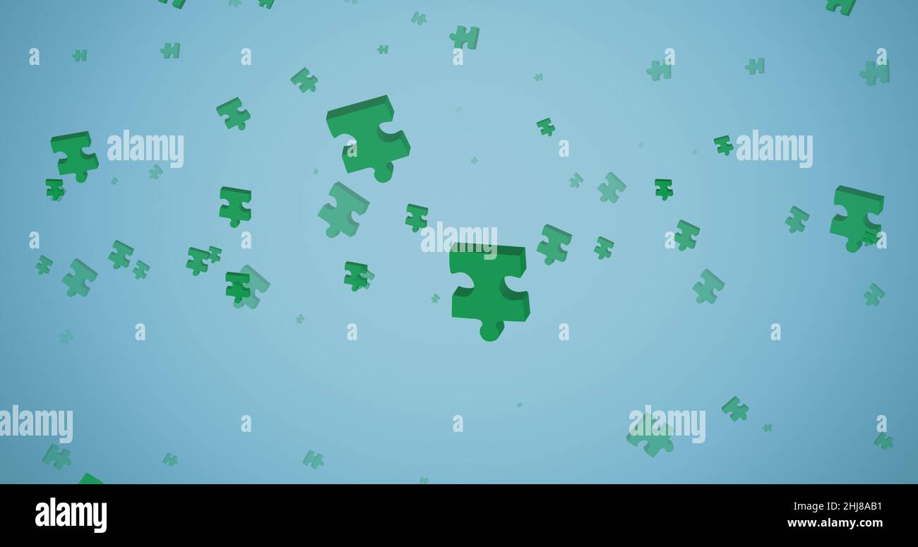Vector image of green jigsaw pieces in mid-air over gray background ...