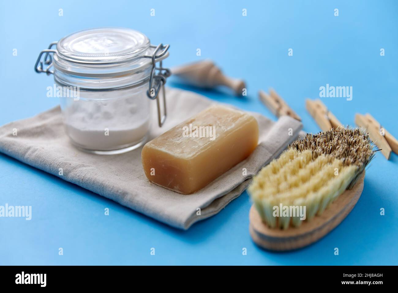 brush, washing soda, soap, scoop and clothespins Stock Photo - Alamy