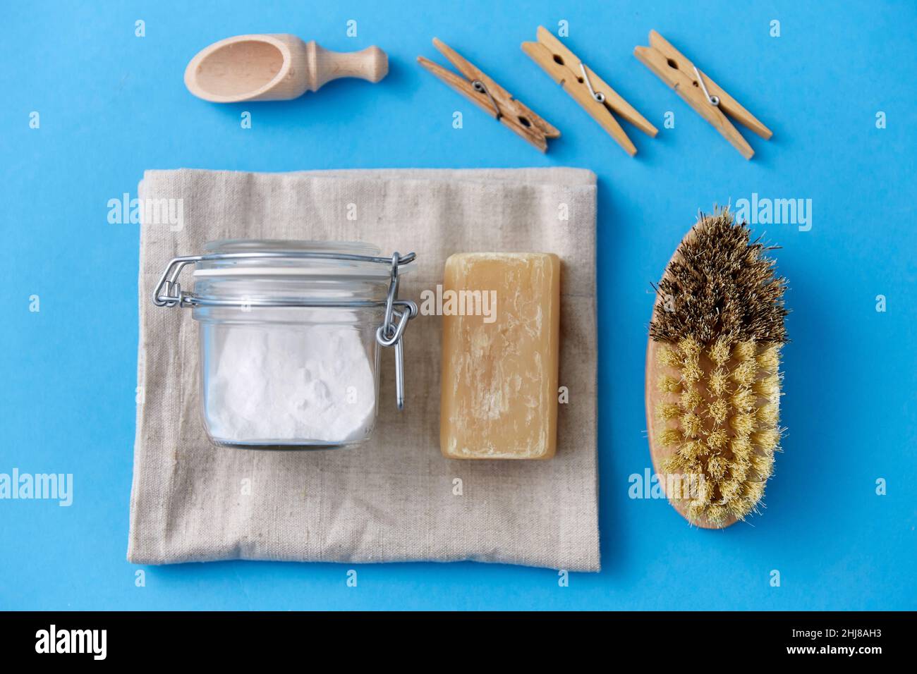 brush, washing soda, soap, scoop and clothespins Stock Photo - Alamy