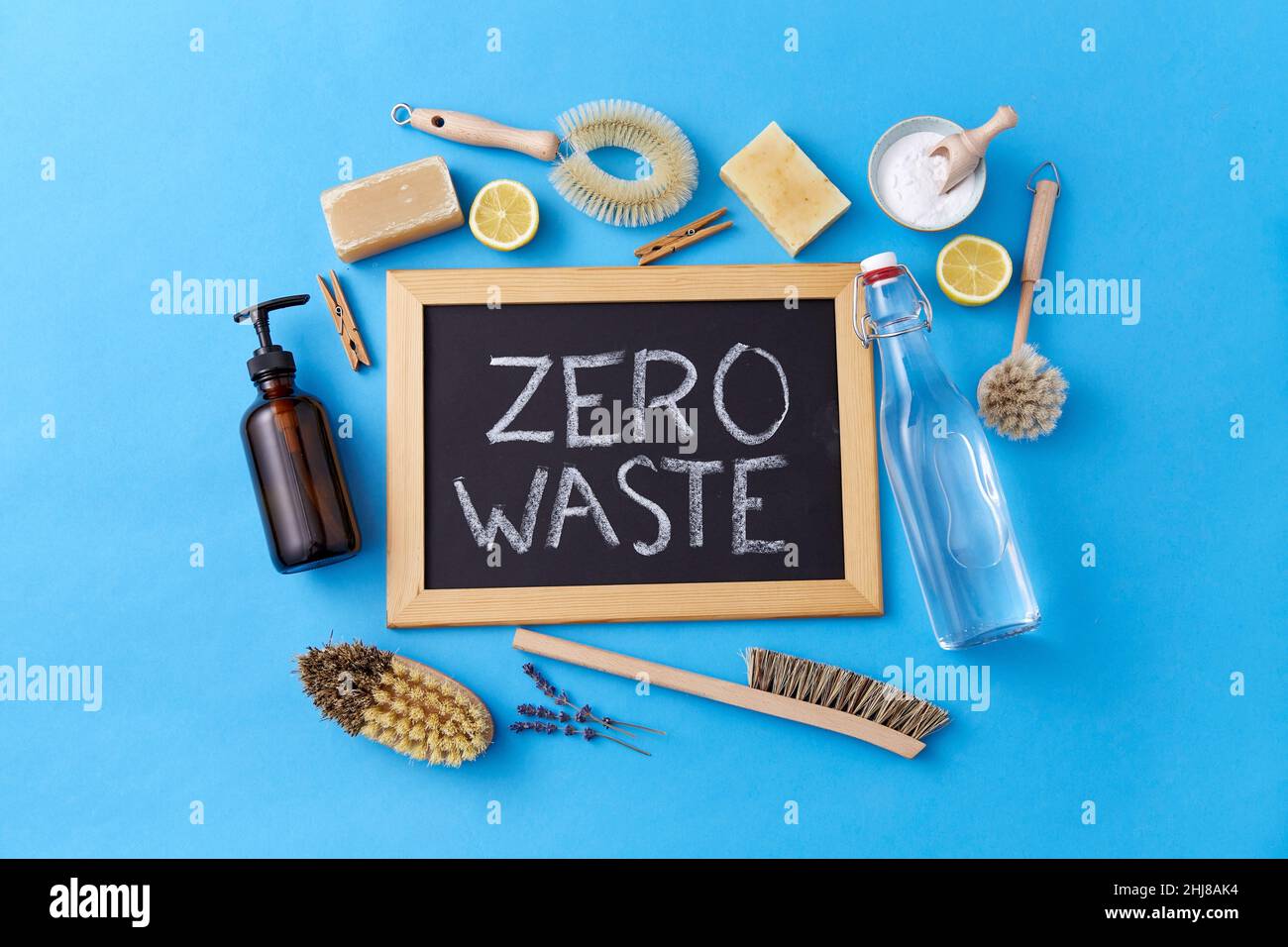 zero waste words on chalkboard and cleaning stuff Stock Photo - Alamy