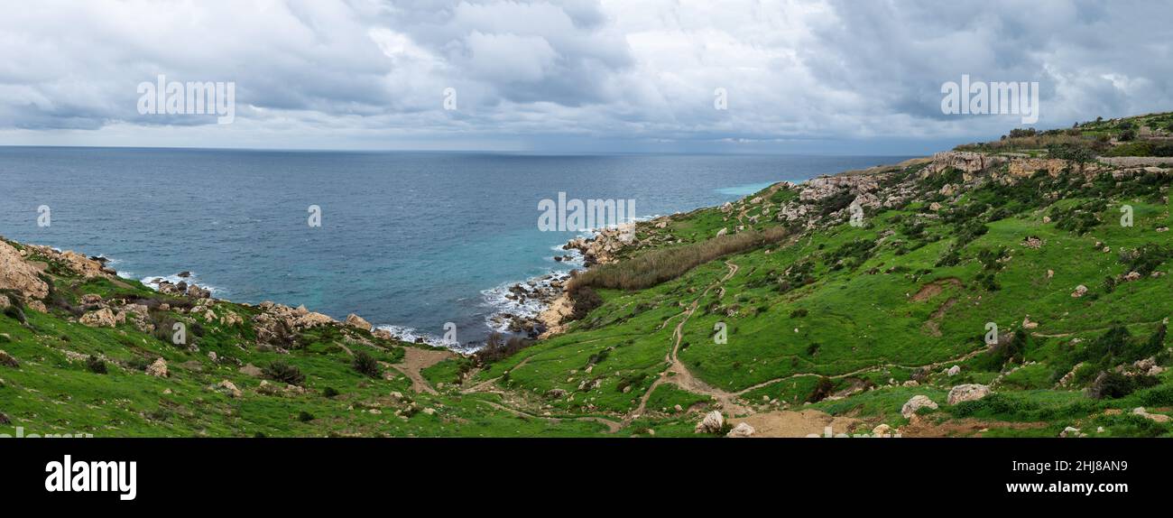 View over the rocks, valleys and local agriculture at the bay of the ...