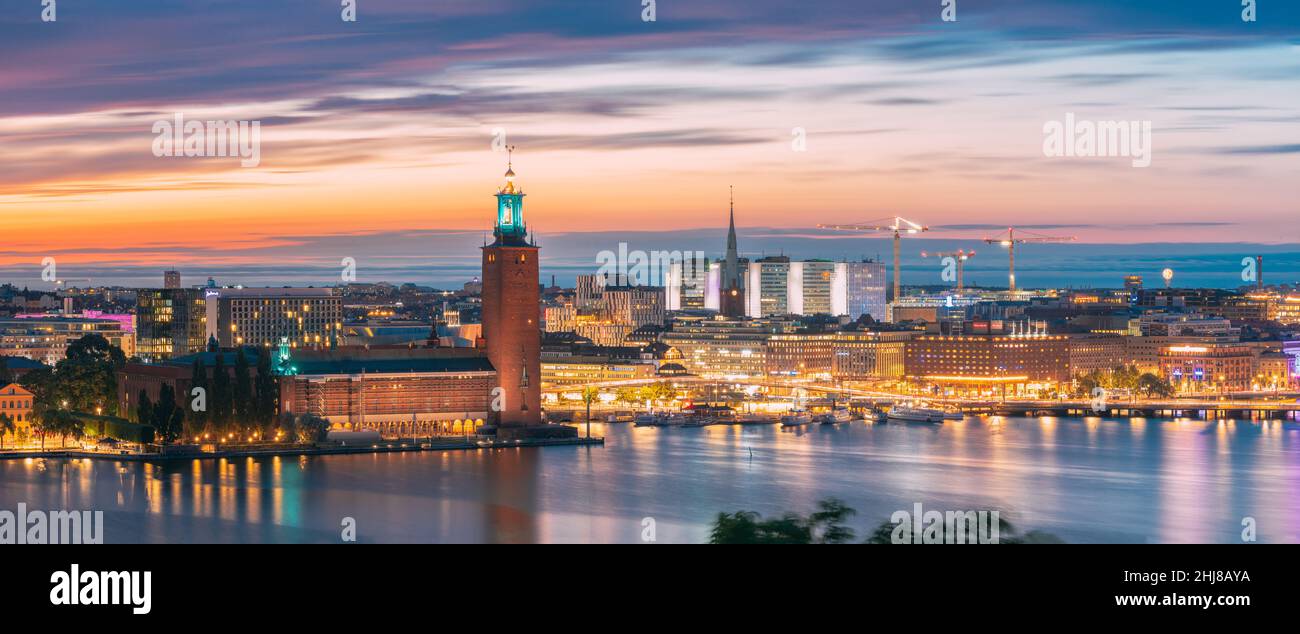 Stockholm, Sweden. Night Skyline With Famous Landmarks. Panorama ...