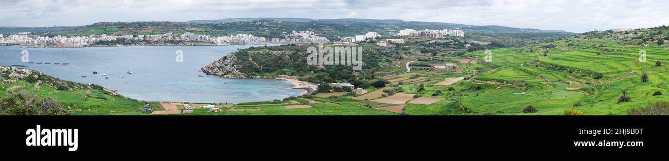 View over the rocks, valleys and local agriculture at the bay of the ...