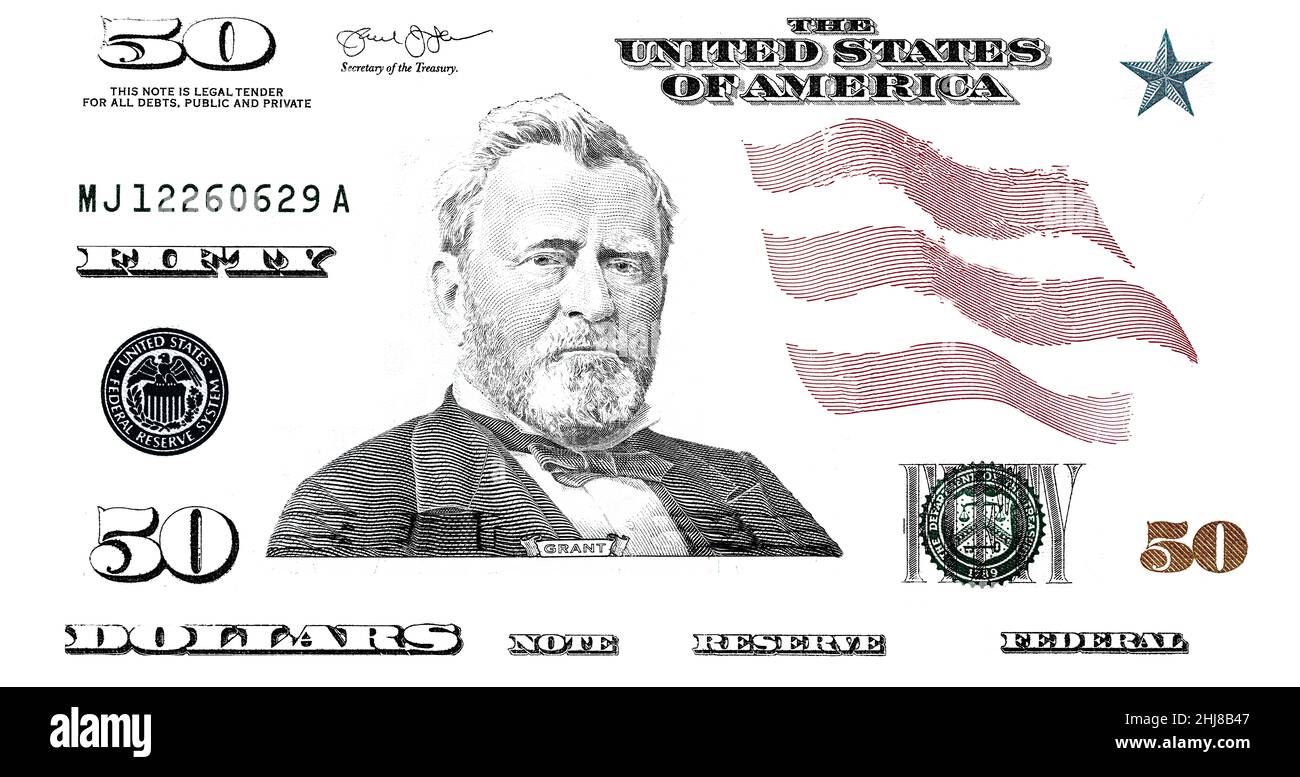 U.S. 50 dollar banknote. Elements for design purpose on white ...