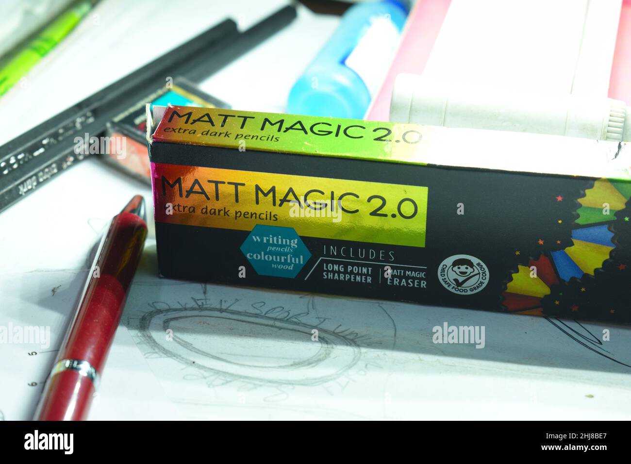 A packet of Apsara magic pencil with its pencils along with a pen. its ...