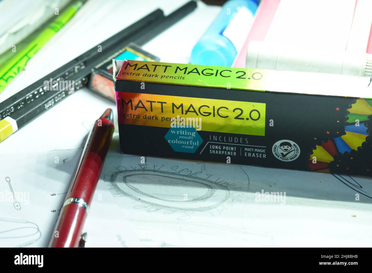 A packet of Apsara magic pencil with its pencils along with a pen. its ...